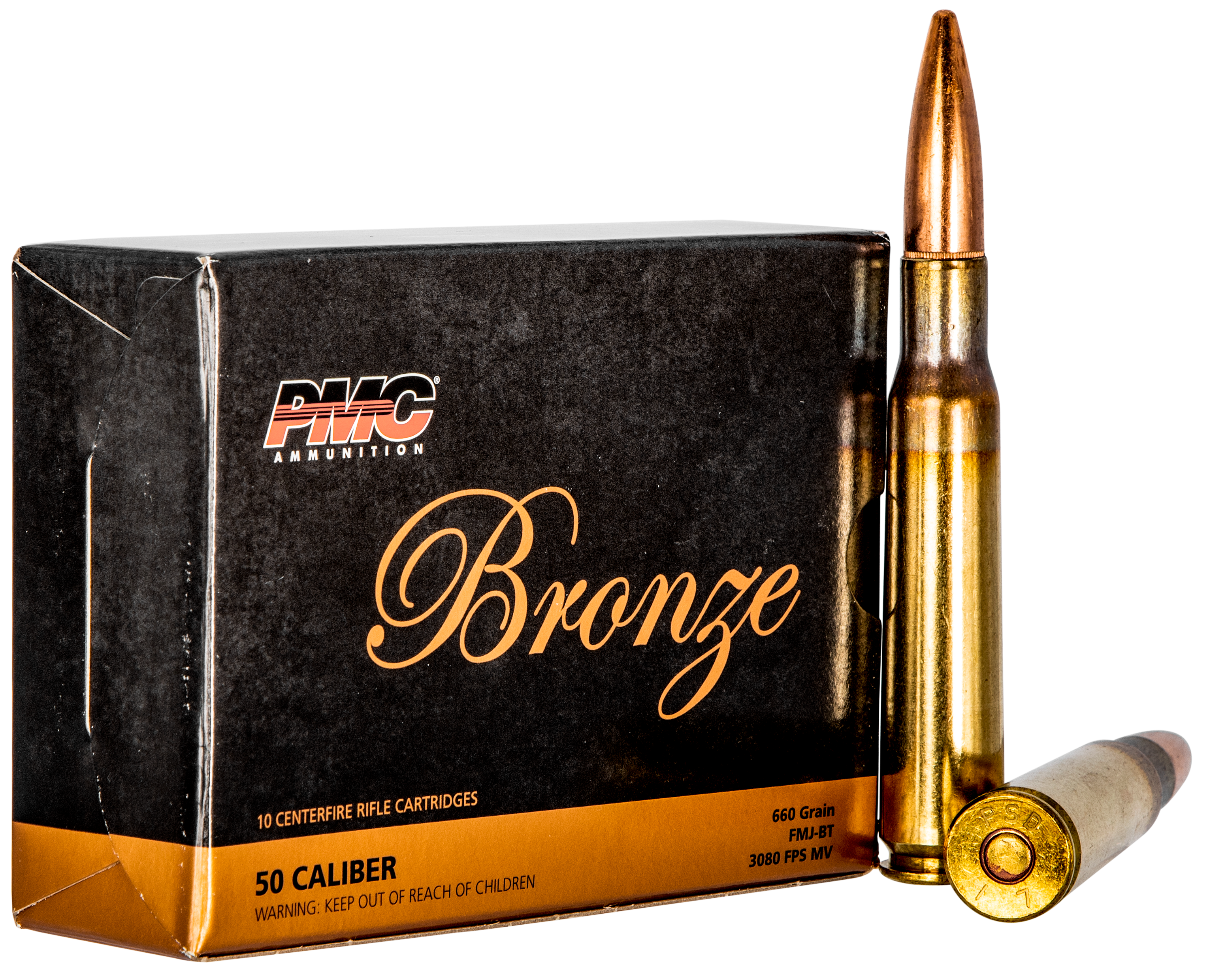 PMC Bronze .50 BMG 660gr FMJ Boat Tail Rifle Ammunition, 10-Round Box ...