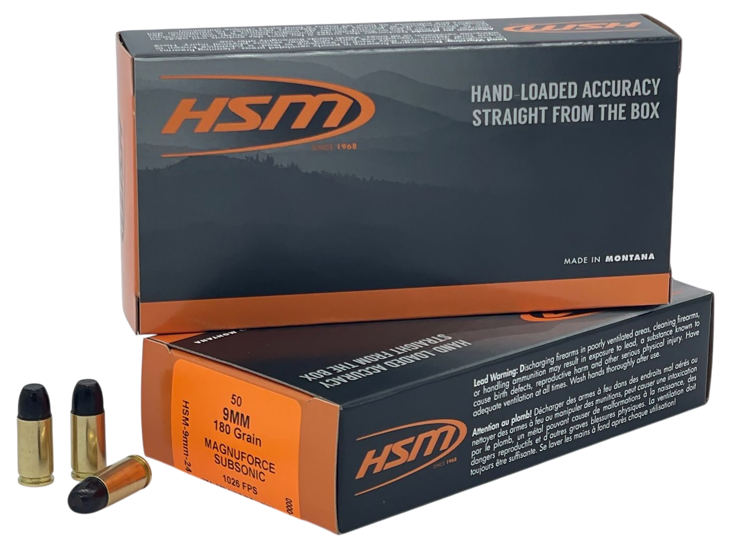 HSM 9mm Luger Subsonic 180gr Hard Cast Flat Nose Ammo, 50 Rounds per B ...